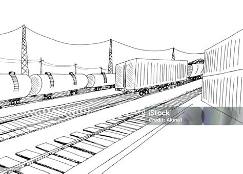 Vektor Ilustrasi Sketsa Kereta Api Grafis Platform Stasiun Kereta Kargo
