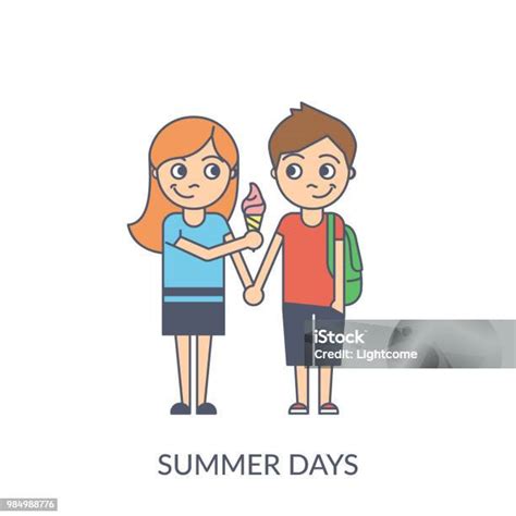 여름 커플입니다 젊은 여자의 평면 벡터 일러스트 만화는 걷기에 대한 스톡 벡터 아트 및 기타 이미지 걷기 귀여운 냉동식품 Istock