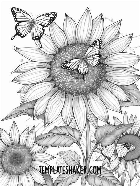 Butterflies Fluttering Around A Sunflower Coloring Page Butterfly