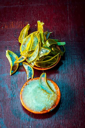 어두운 고딕 색상에서 검은 피부와 갈색 표면에 그것의 젤 성분 즉 오이 슬라이스 및 알로에 베라와 여드름을 제거 하기 위한 Ayurvedic 얼굴 팩 닫습니다 알로에베라