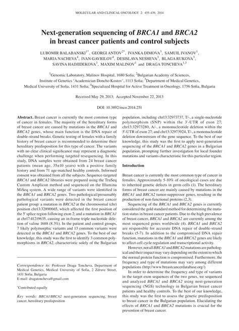 Pdf Next Generation Sequencing Of Brca1 And Brca2 In Breast Cancer Patients And Control Subjects