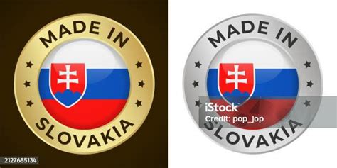 슬로바키아에서 제작 벡터 그래픽 둥근 금색과 은색 라벨 배지 엠블럼 슬로바키아 국기와 슬로바키아에서 만든 텍스트가 있습니다