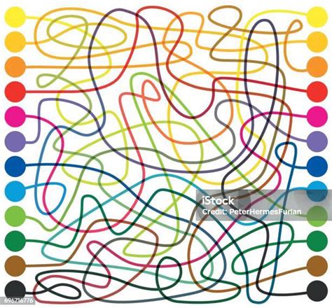 미로 색깔의 라인색된 점 들을 연결 다른 한쪽 끝에서 얽힌된 다채로운 미로 통해 올바른 방법을 찾아보십시오 하지만 주의 라인의 색상 변화 검색에 대한 스톡 벡터 아트 및