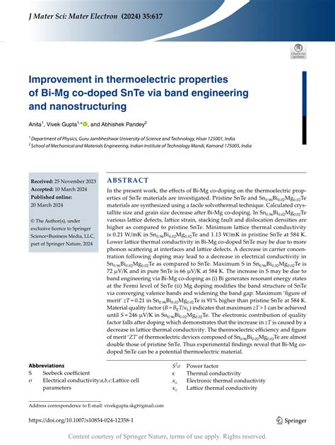 Improvement In Thermoelectric Properties Of Bi Mg Co Doped Snte Via Band Engineering And