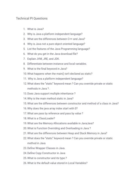 Technical Pi Questions Pdf Method Computer Programming Java Programming Language