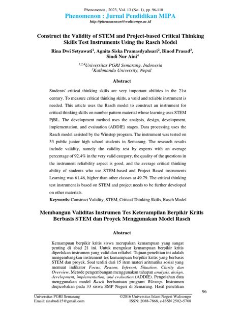 Construct The Validity Of Stem And Project Based Critical Thinking