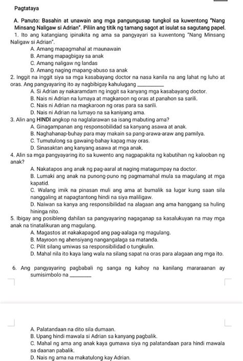 Pagtataya A Panuto Basahin at unawain ang mga | StudyX