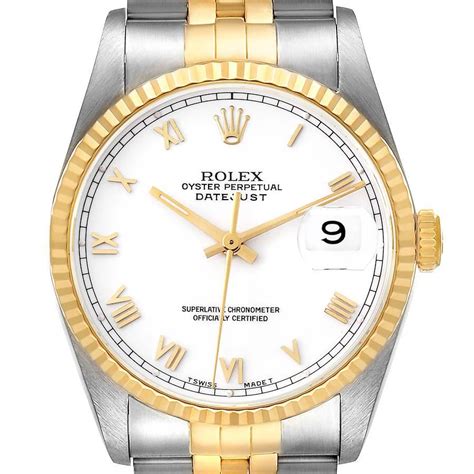 Rolex Datejust Steel Yellow Gold White Roman Dial Mens Watch 16233 For