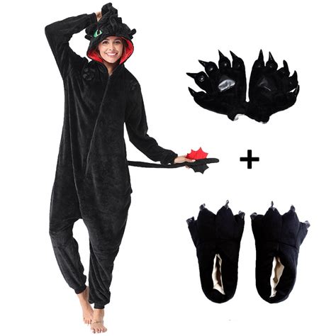 Black Dragon Onesie Pajamas Costume With Slippers And Gloves