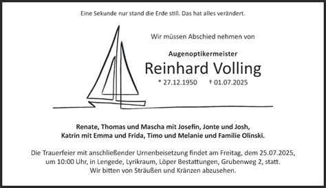 Traueranzeigen Von Reinhard Volling Trauer38de