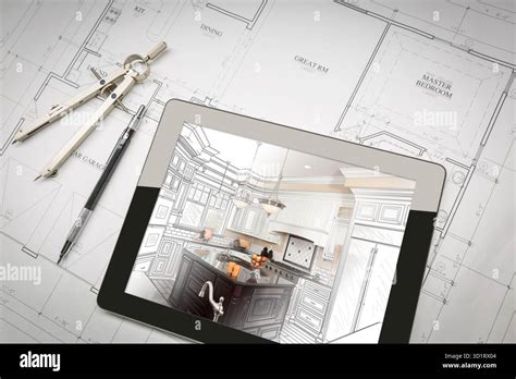 Computer Tablet Showing Kitchen Illustration On House Plans Pencil