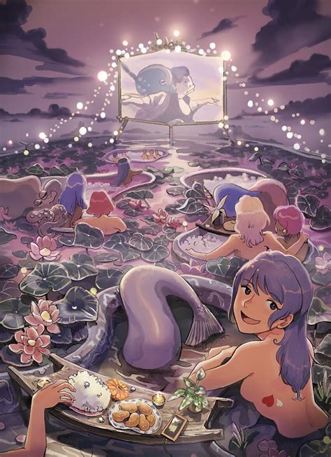 Bayashiko Original Commentary Highres 6 Girls Back Tattoo Bath Bathtub Black Eyes