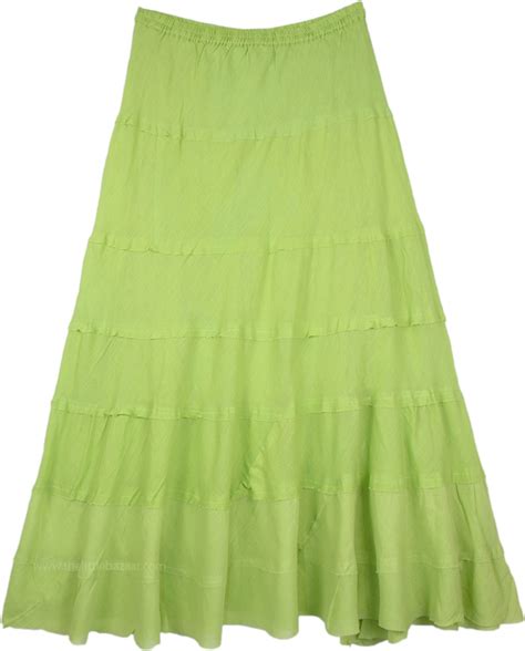 Tiered Full Circle Skirt In Lime Green Color With Gathers Clothing