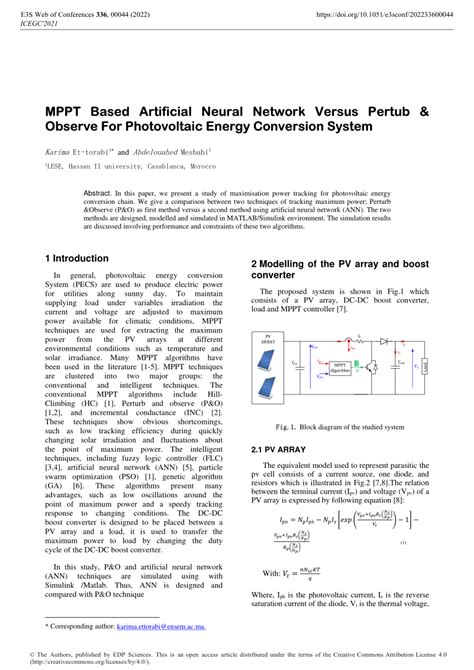 Pdf Mppt Based Artificial Neural Network Versus Pertub And Observe For