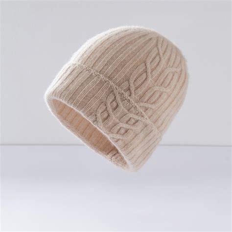 Womens 100 Cashmere Beanie Cable Knit Cashmere Hat Ribbed Fold Brim