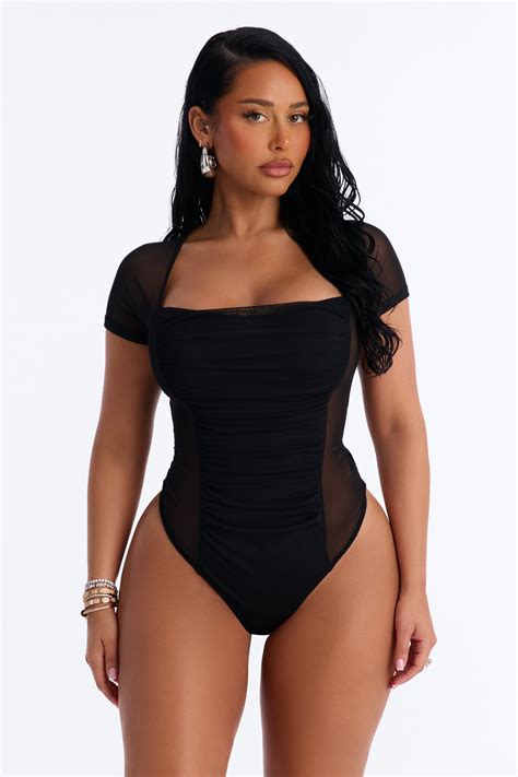 Lilly Ruched Sheer Mesh Short Sleeve Bodysuit Black Fashion Nova
