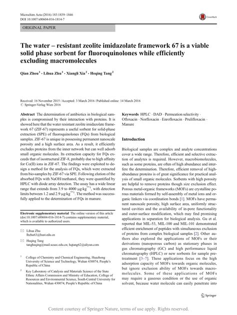 The Water Resistant Zeolite Imidazolate Framework 67 Is A Viable Solid Phase Sorbent For