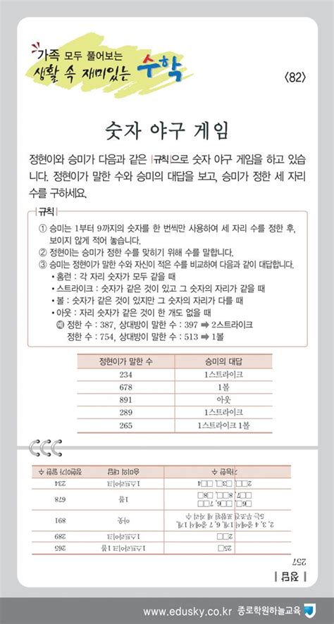 가족 모두 풀어보는 생활 속 재미있는 수학 82 숫자 야구 게임 프리미엄조선