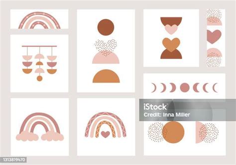보헤미안 무지개와 기하학적 균형 모양의 추상적인 현대 미적 배경이 있는 다양한 사이즈 포스터 세트 지구 색조 테라코타 색상 아기 보육을위한 벡터 장식 카드 0명에 대한 스톡