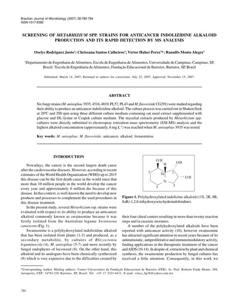 Pdf Screening Of Metarhizium Spp Strains For Anticancer Indolizidine Alkaloid Production And