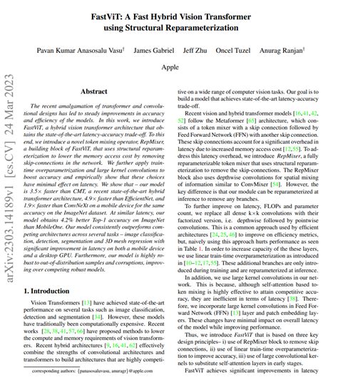 Apple Fastvit：一种使用结构重参数化的快速混合视觉transformer 文心aigc