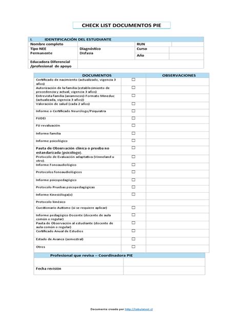 Checklist Documentos Pie Autismo Pdf