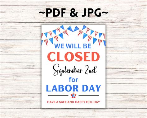 Closed For Labor Day Printable Sign Instant Download Pdf 
