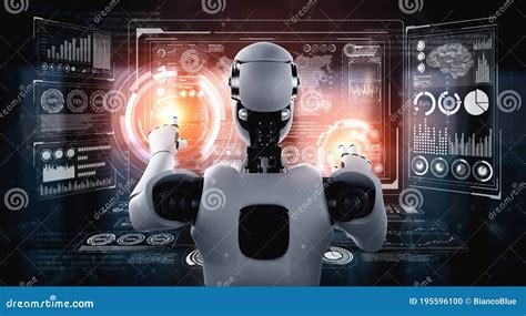 Ai Humanoid Robot Touching Virtual Hologram Screen Showing Concept Of Big Data Stock