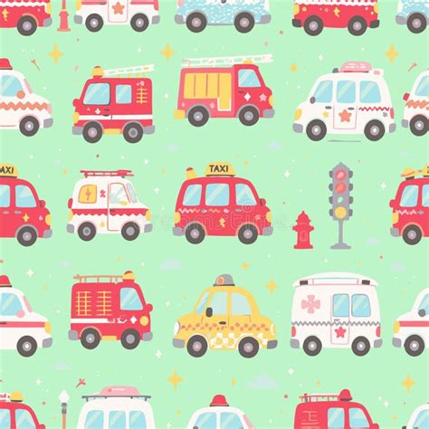 Cartoon Emergency Vehicles Vector Seamless Pattern Stock Illustrations