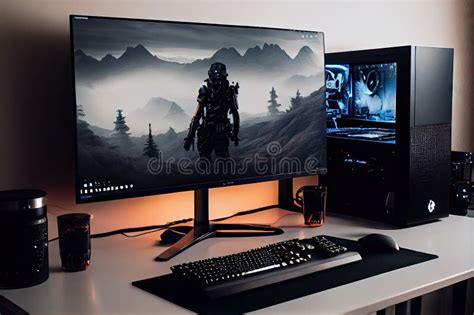 A Minimalist Gaming Setup With A Sleek Black Computer And Monitor