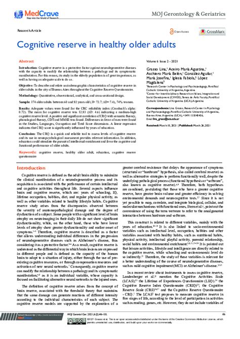Pdf Cognitive Reserve In Healthy Older Adults Lina Grasso