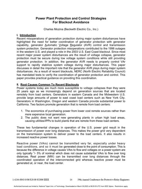 Power Plant Protection And Control Strategies For Blackout Avoidance Pdf Electric Power