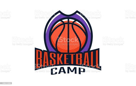 로고 농구 캠프의 상징 방패의 배경에 공이있는 다채로운 학교 엠블럼 농구 스포츠 로고 템플릿 훈련 캠프 격리된 벡터 그림 Championship에 대한 스톡 벡터 아트 및