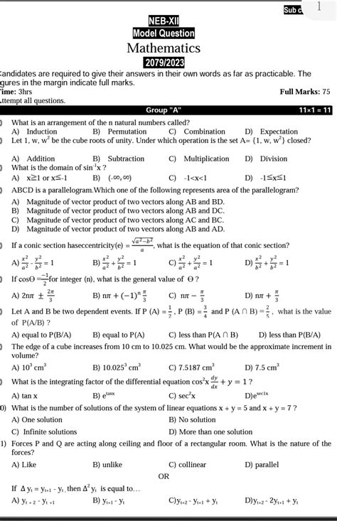 Class 12 Maths Neb 2079 New Model Set Solution