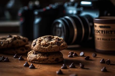 Premium AI Image A Camera And A Stack Of Cookies With A Camera Behind