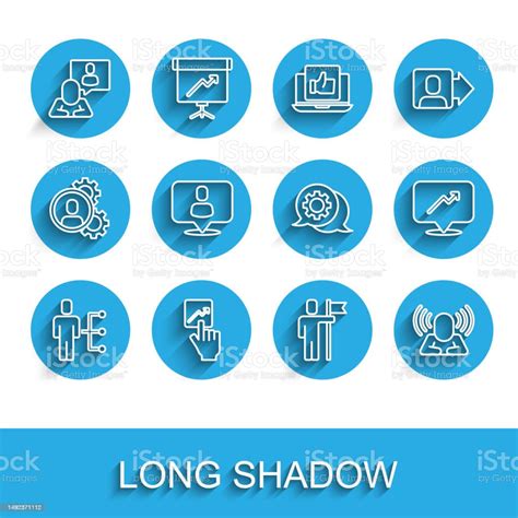 비즈니스 정장 팀 리더 헤드 헌팅 그래프 일정 차트 및 말풍선 채팅 아이콘을 입은 남자의 라인 사용자를 설정합니다 벡터