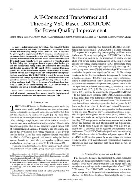 pdf a t connected transformer and three leg vsc based dstatcom for