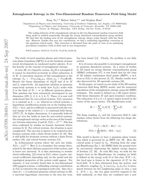 Pdf Entanglement Entropy In The Two Dimensional Random Transverse