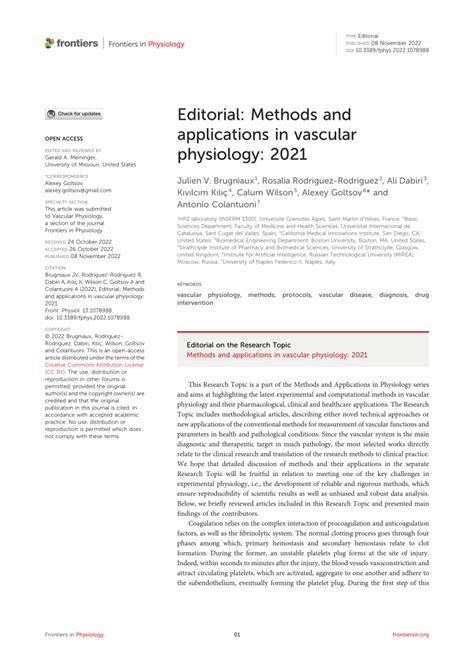 Pdf Editorial Methods And Applications In Vascular Physiology 2021