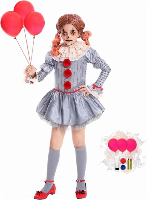 Scary Clown Costume For Girls Halloween Outfit With Balloons And Makeup