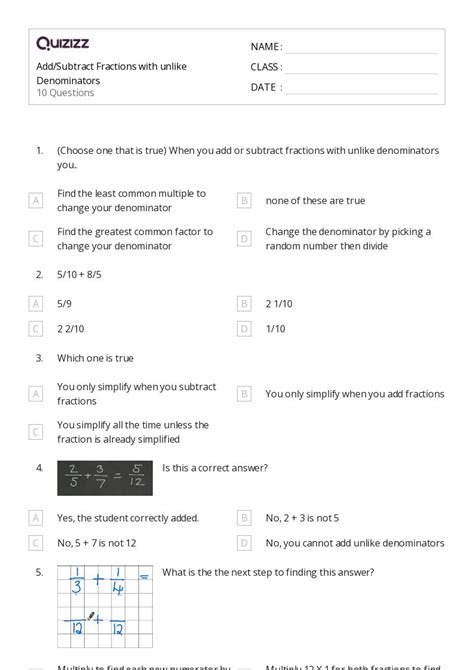 Comparing Fractions With Unlike Denominators Worksheets For Th Year On Quizizz Free
