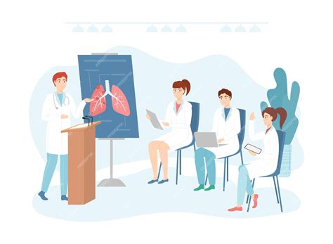만화 컬러 캐릭터 사람 및 의료 세미나 또는 컨퍼런스 개념 터 프리미엄 벡터