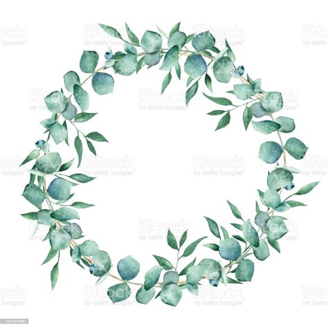 흰색 배경에 격리된 수채화 원형 프레임 유칼립투스와 피스타치오 가지 손으로 그린 식물 그림입니다 문구류 청첩장 날짜 저장 인사말 카드 로고 스티커에 이상적입니다 화관에 대한