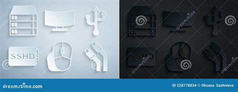 Set Computer Mouse Usb Sshd Card Lan Cable Network Internet Monitor Screen And Server Data