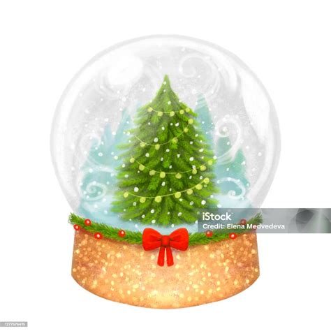 눈 덮인 유리 지구의 그림 손으로 그린 드로잉 소나무 숲 크리스마스 트리 눈 가문비 나무 가지와 붉은 활으로 묶인 장식 0명에 대한 스톡 벡터 아트 및 기타 이미지 Istock