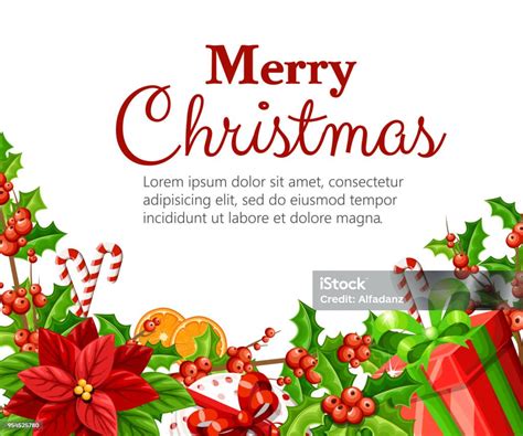 녹색 크리스마스 장식 빨간 포 인 세 티아 미 슬 토 나뭇잎 진저 오렌지 슬라이스 지팡이 막대기 및 빨강 상자 장소 텍스트와 흰색 배경에 고립 된 빨간 활 벡터 일러스트