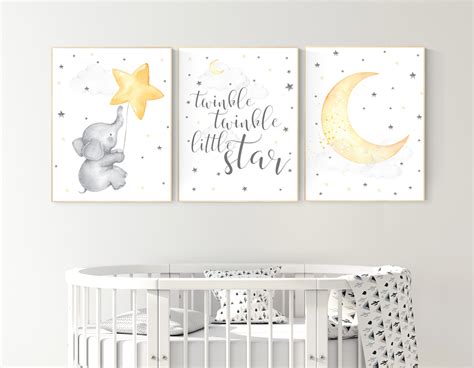 Elephant Nursery Art Print Twinkle Star Moon Gender Neutral Decor