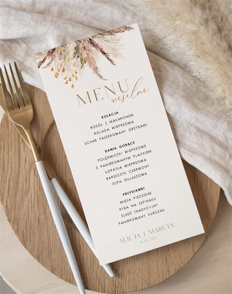 Eleganckie Menu Na Stoły Weselne Karta Dań Na Wesele Proste Menu Weselne W Kolorze Ecru Karta