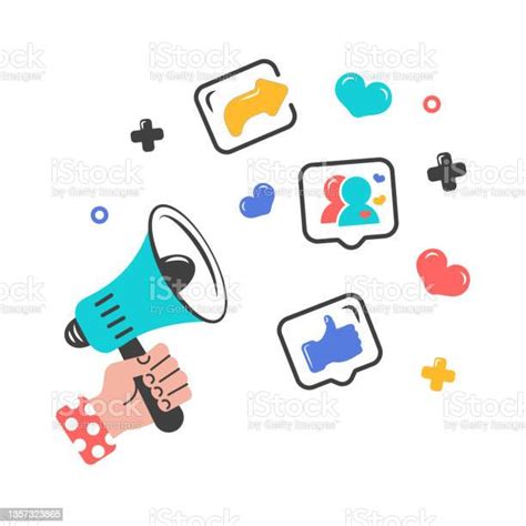 라우드 스피커를 들고 인간의 손 소셜 미디어 아이콘이있는 메가 폰 구독자 좋아요 메시지 추가 개념이 관심을 끌고 있습니다 광고 광고를 위한 템플릿 벡터 플랫 만화 스타일