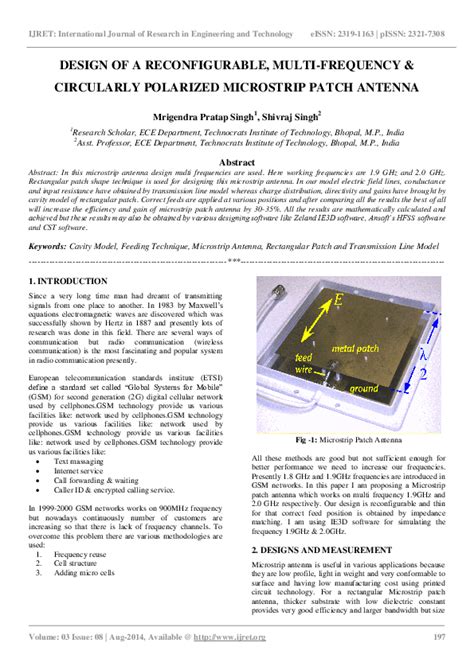 Pdf Design Of A Reconfigurable Multi Frequency And Circularly Polarized Microstrip Patch Antenna